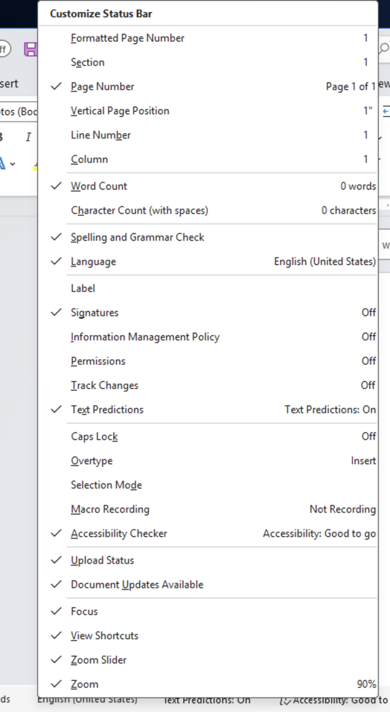 Word Status Bar Features and Customization Tips - Office Watch
